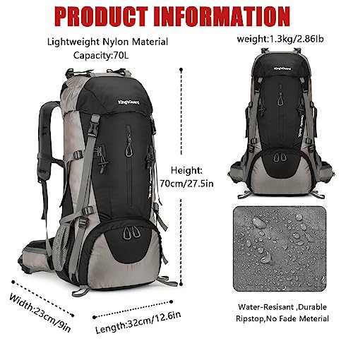 ALFREVER 70L Hiking Backpack, Waterproof Camping Essentials Bag, Lightweight Hiking Backpacking Back Outdoor Travel Pack (gray-black)