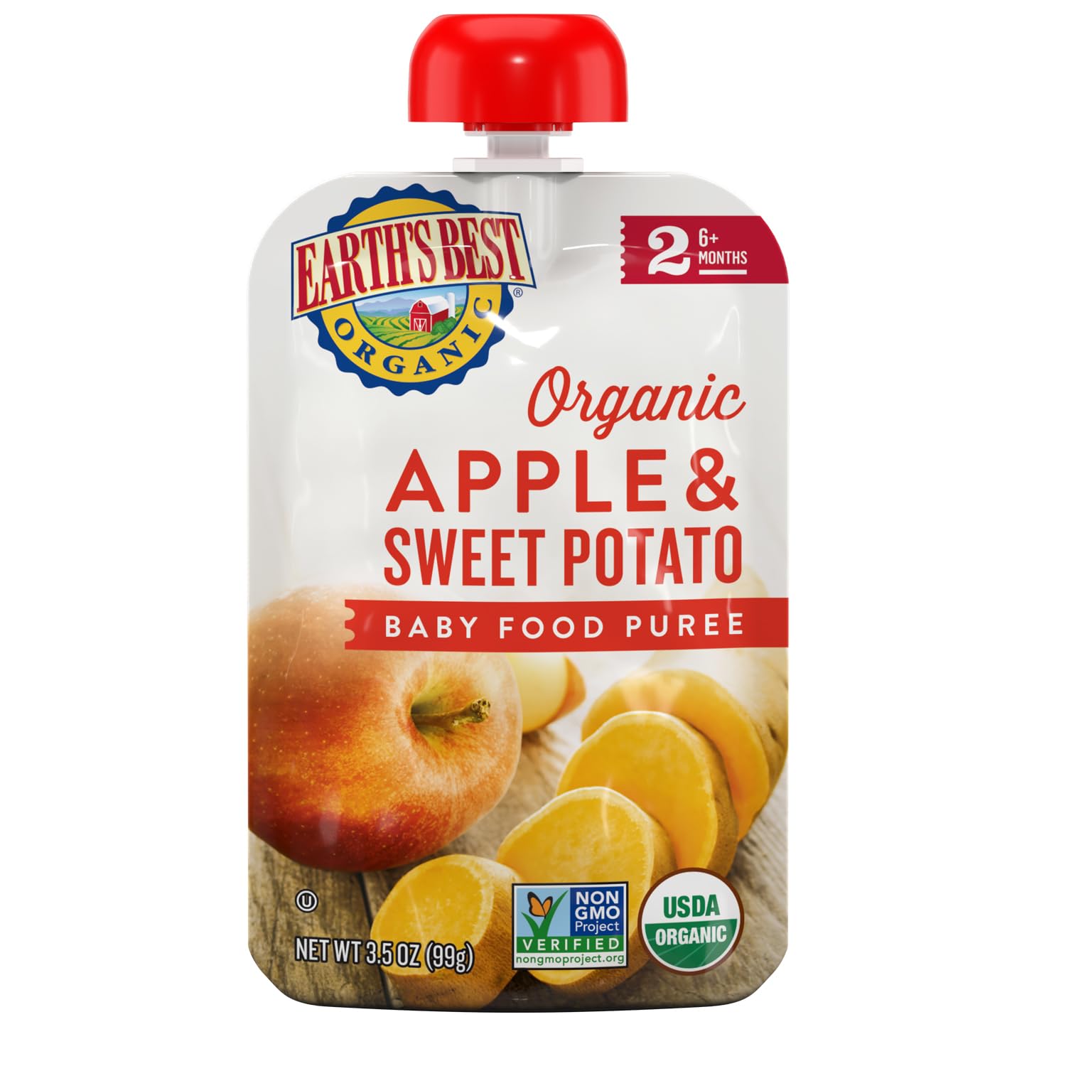 Earth's Best Organic Baby Food Pouches, Stage 2 Fruit and Vegetable Puree for Babies 6 Months and Older, Organic Sweet Potato and Apple Puree, 3.5 oz Resealable Pouch (Packaging May Vary)