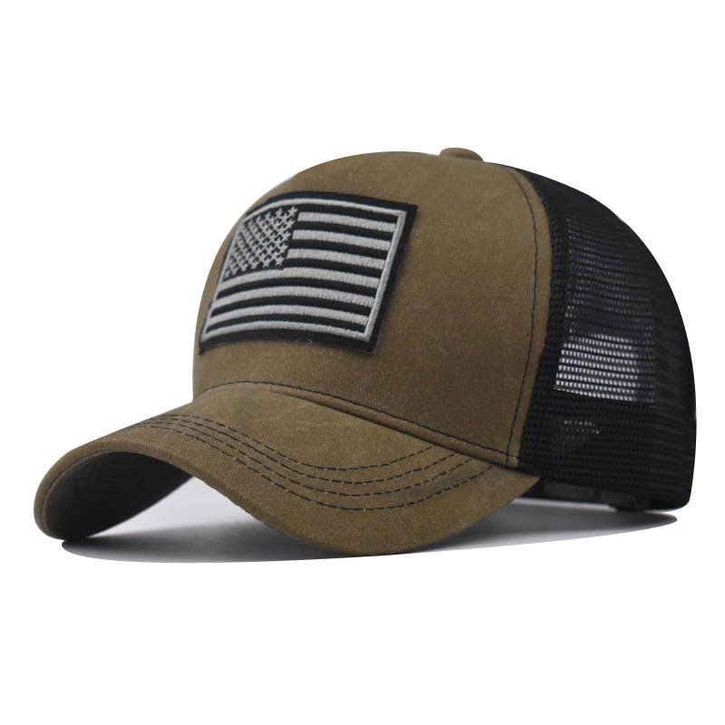 American Flag Trucker Hat - Snapback Hat, Baseball Cap for Men Women - Breathable Mesh Side, Adjustable Fit - for Casual Wear (Khaki)