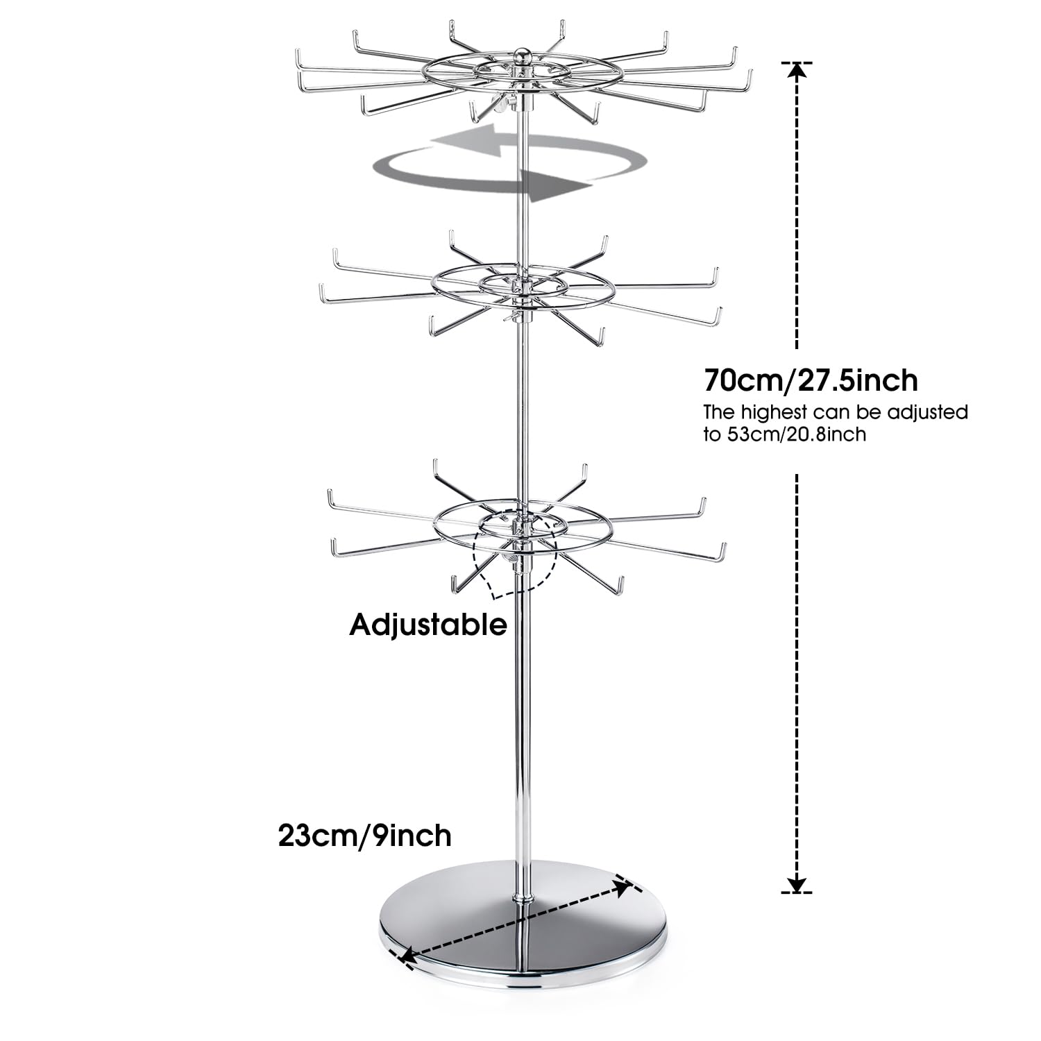 APL Display-Display Stand 3 Tier Jewelry Display Holder, Metal Necklace Display Stand, Adjustable Spinning Display Rack for Necklaces, Bracelets, Earrings, Ring