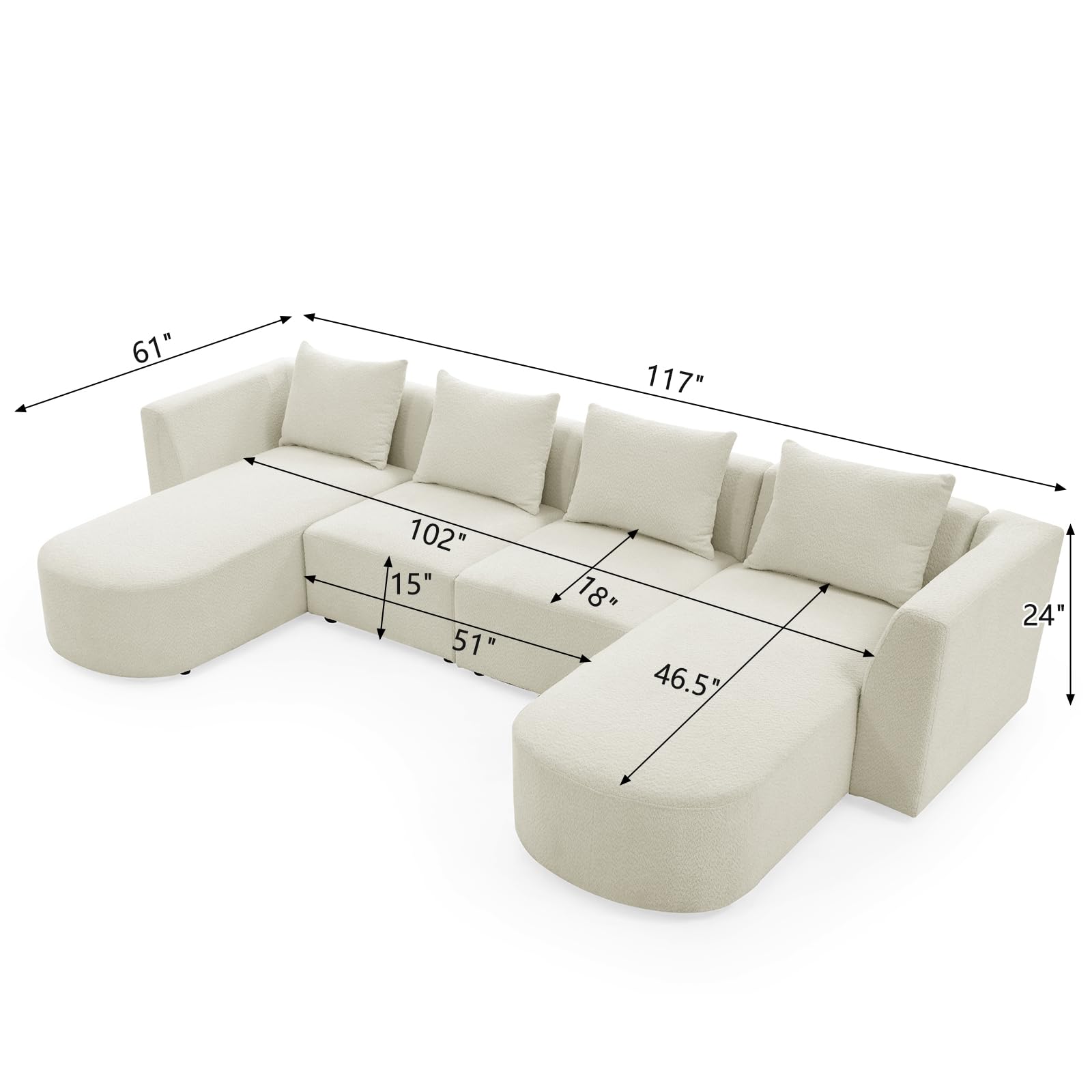 GNIXUU Modular Sectional Sofa, Modern Minimalist Boucle Fabric U-Shaped Sectional Couch, Comfy Double Chaise Lounge 4 seat Couch Set with Pillows for Living Room, Office, Apartment,117Inch(Beige)
