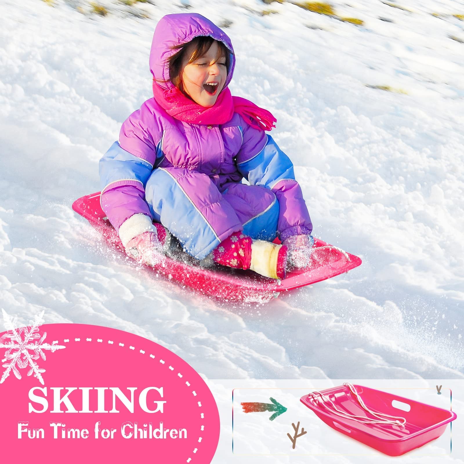 AGPTEK 25.6 Inch Durable Downhill Sprinter Toboggan Snow Sled for Boys Girls with Built-in Handles and Pulling Rope (Pink)