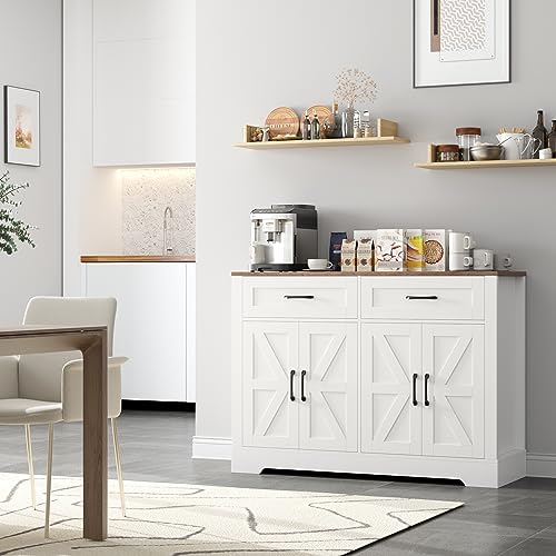BOTLOG Farmhouse Buffet Cabinet with Storage, 47.2" Sideboard Storage Cabinet with Drawers Coffee Bar Cabinet for Kitchen, Dining Room, Hallway, White