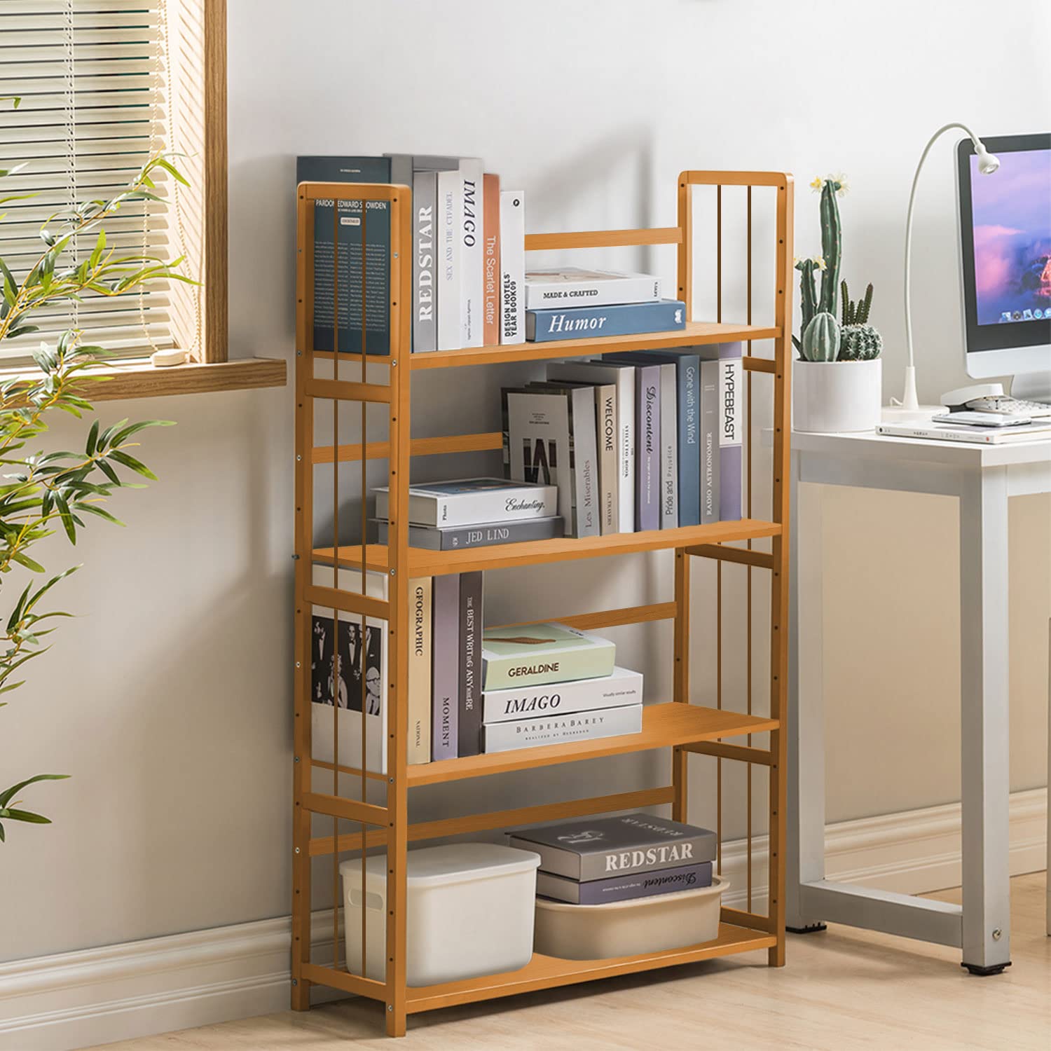 IOTXY Bamboo Open Bookshelf - Small 5-Tier Free-Standing Storage Rack, Multifunctional Display Stand for Bookcase, Home and Office, Light Brown