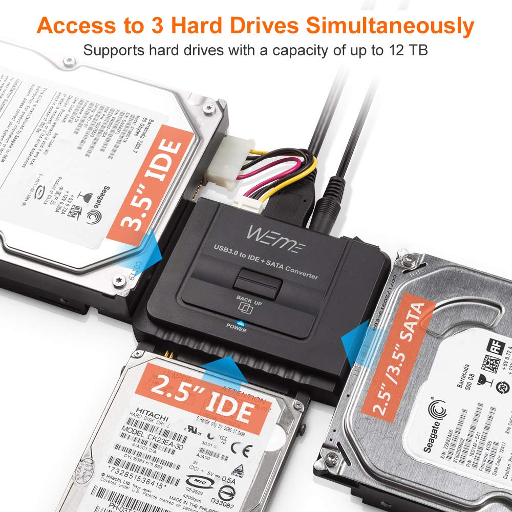 WEme USB 3.0 to SATA/IDE Adapter with Universal 2.5/3.5 Hard Drive Disk Converter for HDD/SSD & IDE HDD Support 6TB and One-Touch Backup Include 12V 2A Power Adapter + USB 3.0 Cable for Laptop