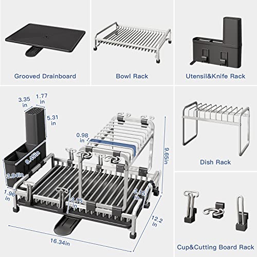 Dish Drying Rack, Aluminum 2-tier Multifunctional 7-in-1 Dish Racks for Kitchen Counter with Drainboard, Rustproof Detachable Large Capacity Dish Drainer with Wine Glass Holder, Utensil&knife Holder