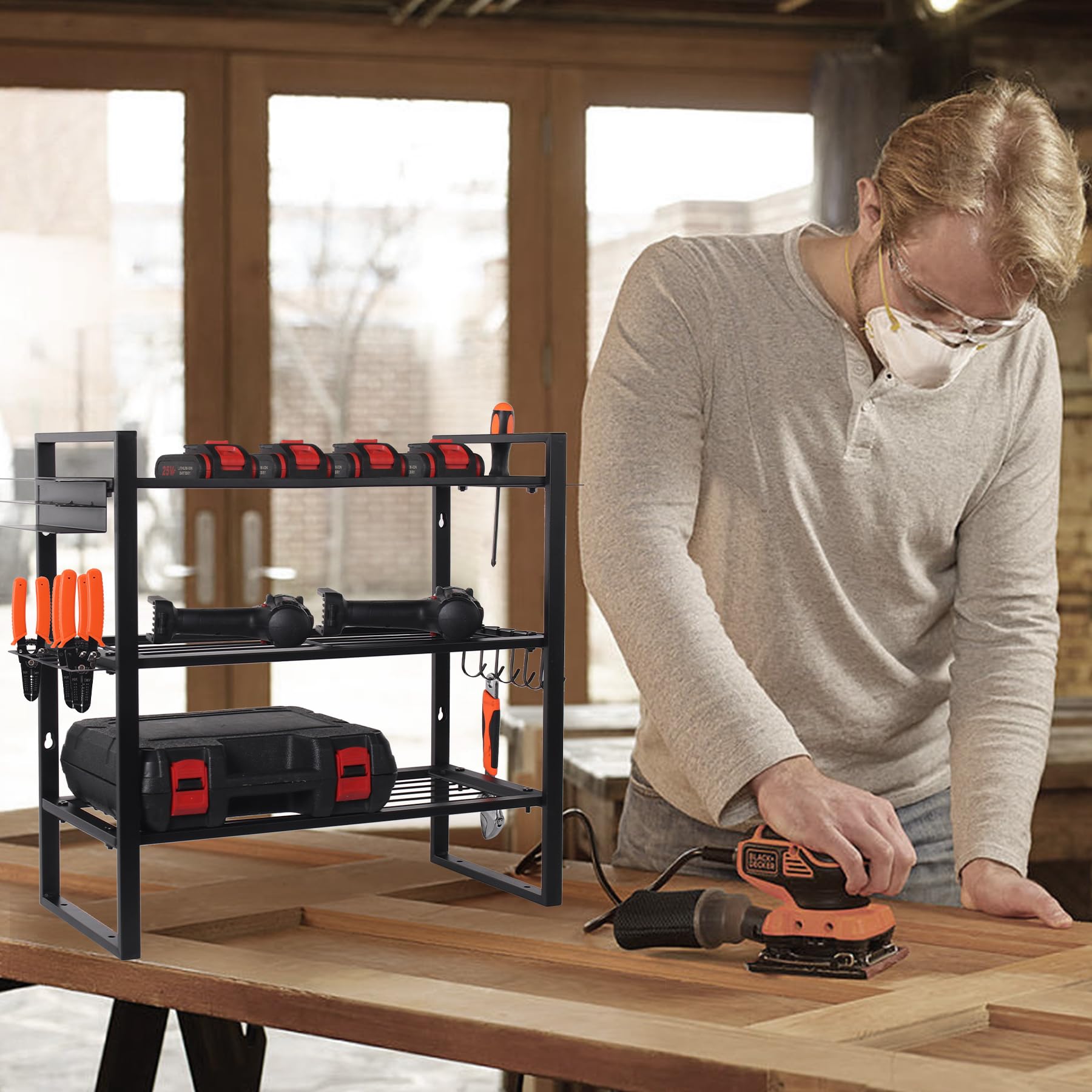 Volin Crik Power Tool Organizer,5 Drill Holder Wall Mount, 4 Layer Heavy Duty Metal Tool Shelf, Garage Tool Organizers and Tool Storage Rack,with Screwdriver Holder/Plier Holder/Hammer Holder