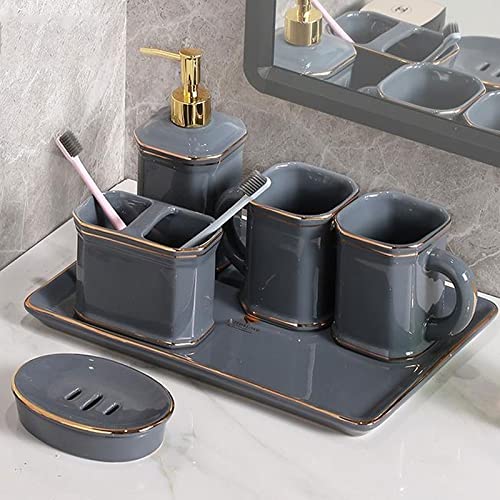 ARINAL Soap Pumps Household Ceramic Toothbrush Cup, Tooth Jar, Mouthwash Cup, Soap Dispenser, Soap Dish Set with Tray Liquid Dispencer Container