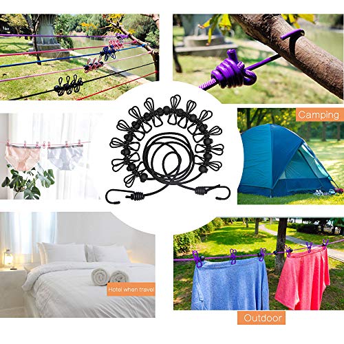 YOROYAL Travel Elastic Clothesline with 6pcs Portable Adjustable Clothes Hanger, 1 Pack Drawstring Organizer Backpack, Perfect for Camping, Hotel and Other Outdoor / Indoor Use (Black)