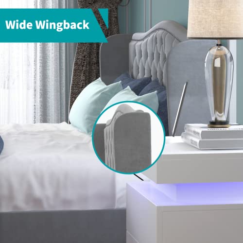 BALUS King Wingback Bed Frame with Headboard,Upholstered Platform Bed Frame Dutch Velvet Upholstered Bed,Modern Design,Available in 3 Sizes and 3 Colors Panel Bed Frame (Silver Gray)