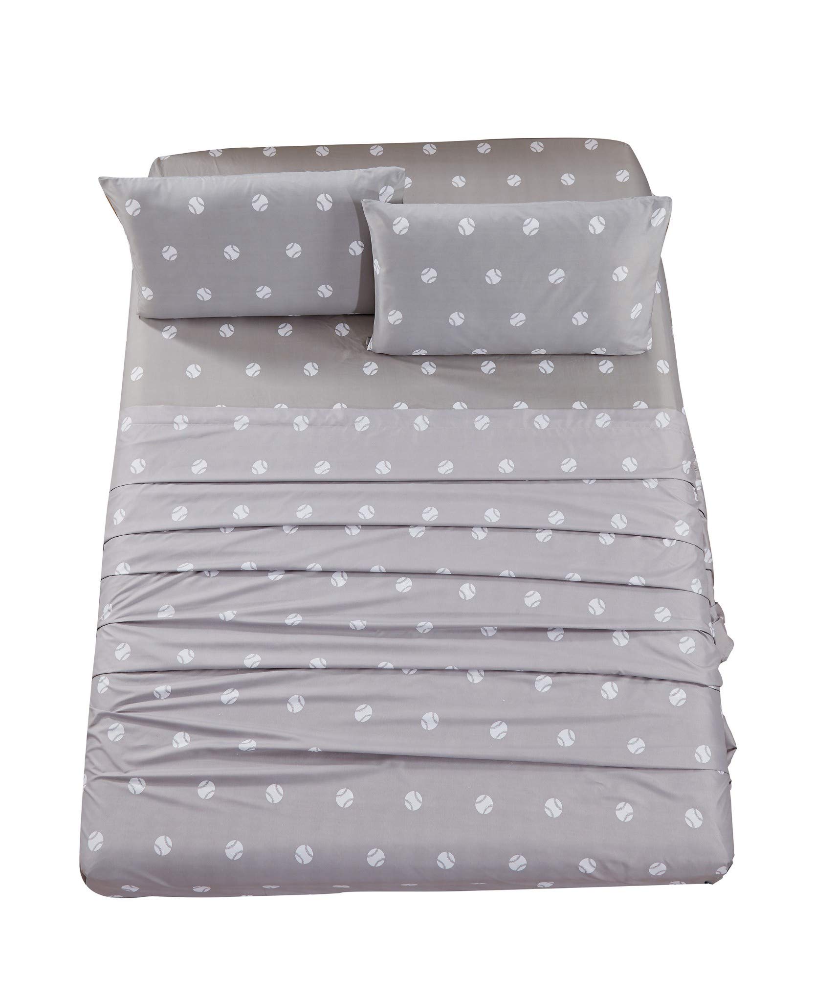 Chezmoi Collection 4-Piece Kids/Teens Sports Sheet Set - Soft Microfiber Gray White Baseball, Full Size