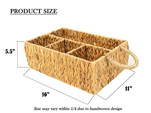 ECO 5 Water Hyacinth Large Rectangle Storage Basket, Coffee Station Organizer, 4 Dividers Basket Hand Woven with Handle, Organizing Wicker Basket for Pantry, Office, Home Décor, ‎16"D x 11"W x 5.5"H