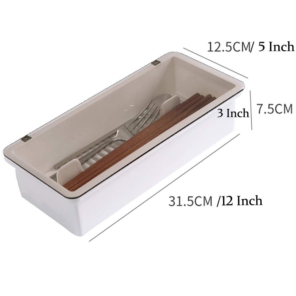 AIYoo Large Flatware Tray with Lid,Kitchen Cutlery and Utensil Drawer Organizer, Silverware Countertop Storage Container with Cover and Drainer,Camper Picnic Cutlery Holder,Plastic White