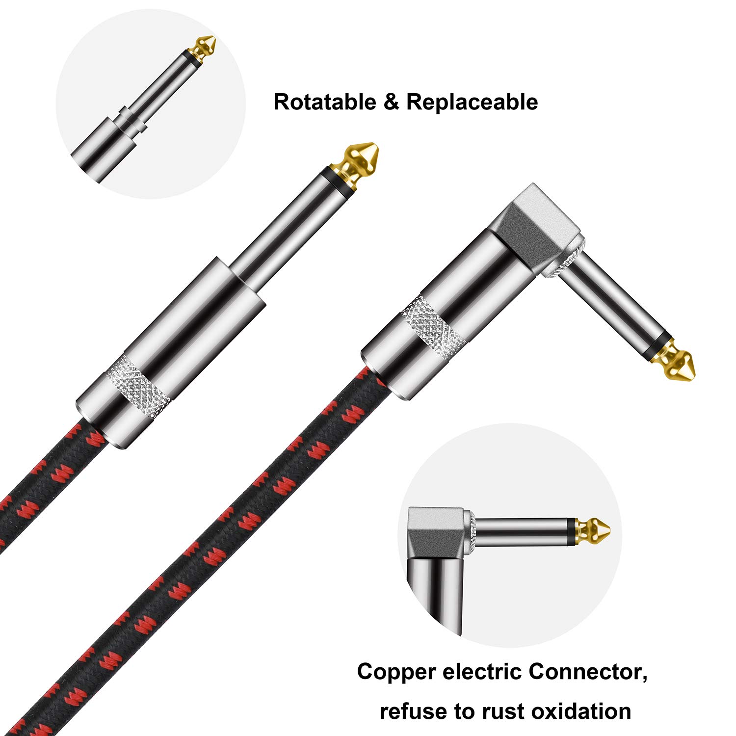 Guitar Instrument Cable 10 Foot 1/4 inch Straight to Right Angle Noise Reduction Audio Cord 6.35 mm for Electric Guitar Bass Keyboard Drum Speaker Microphone 2 Pack