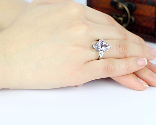 AINUOSHI Rhodium Plated 925 Sterling Silver Marquise Solitaire Cubic Zirconia CZ 3-Stone Anniversary Engagement Wedding Ring (6.5)