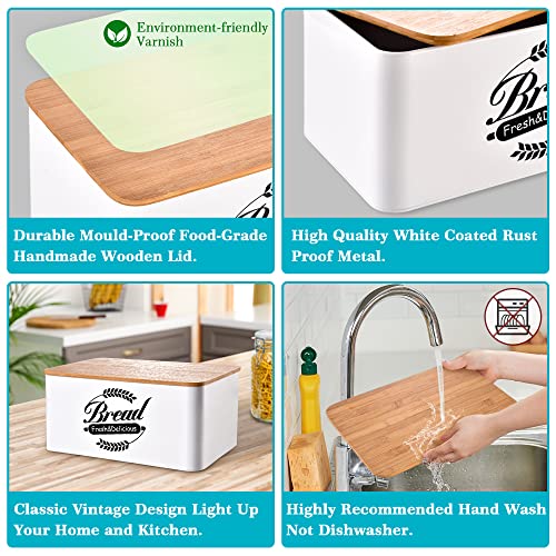 AOSION Metal Bread Box for Kitchen Countertop, All-In-One Large Bread Boxes with Bamboo Cutting Lid, Bread Storage Fresher For Longer, White