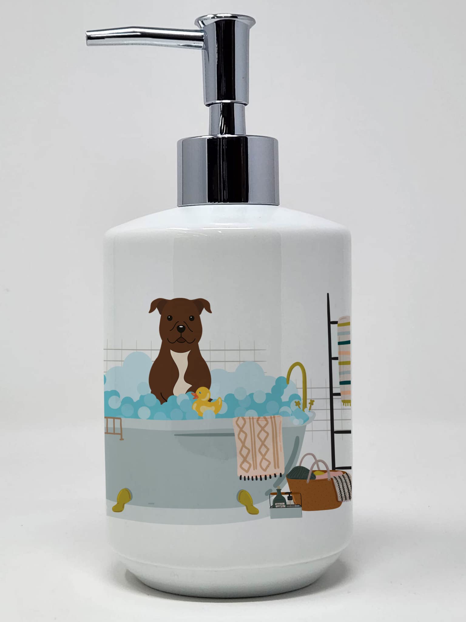 Caroline's Treasures WDK5745SOAP Chocolate Staffordshire Bull Terrier in Bathtub Ceramic Soap Dispenser Hand Soap Dispenser Pump Bottles for Bathroom Kitchen, Empty Refillable Liquid Soap Container