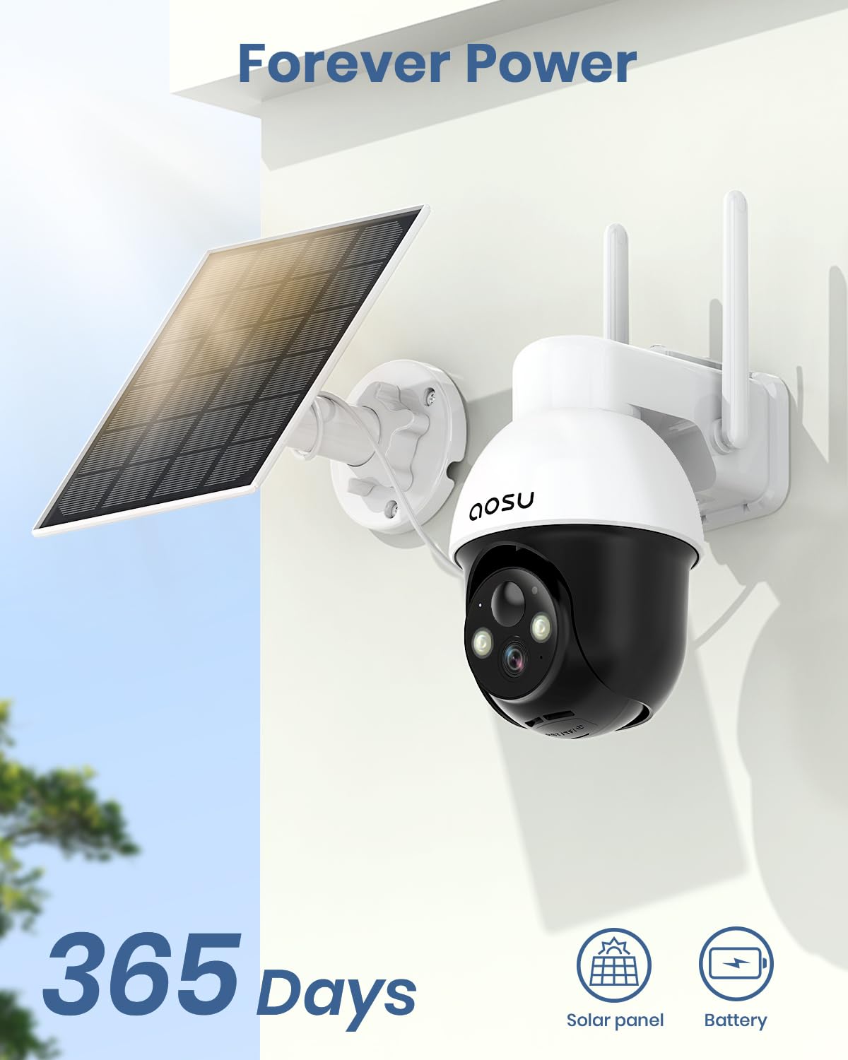AOSU Solar Security Camera Wireless Outdoor with Panoramic PTZ, Human Auto Tracking, 2K Night Vision, Light and Sound Alarm, 2-Way Audio, Compatible with Alexa/Google Assistant