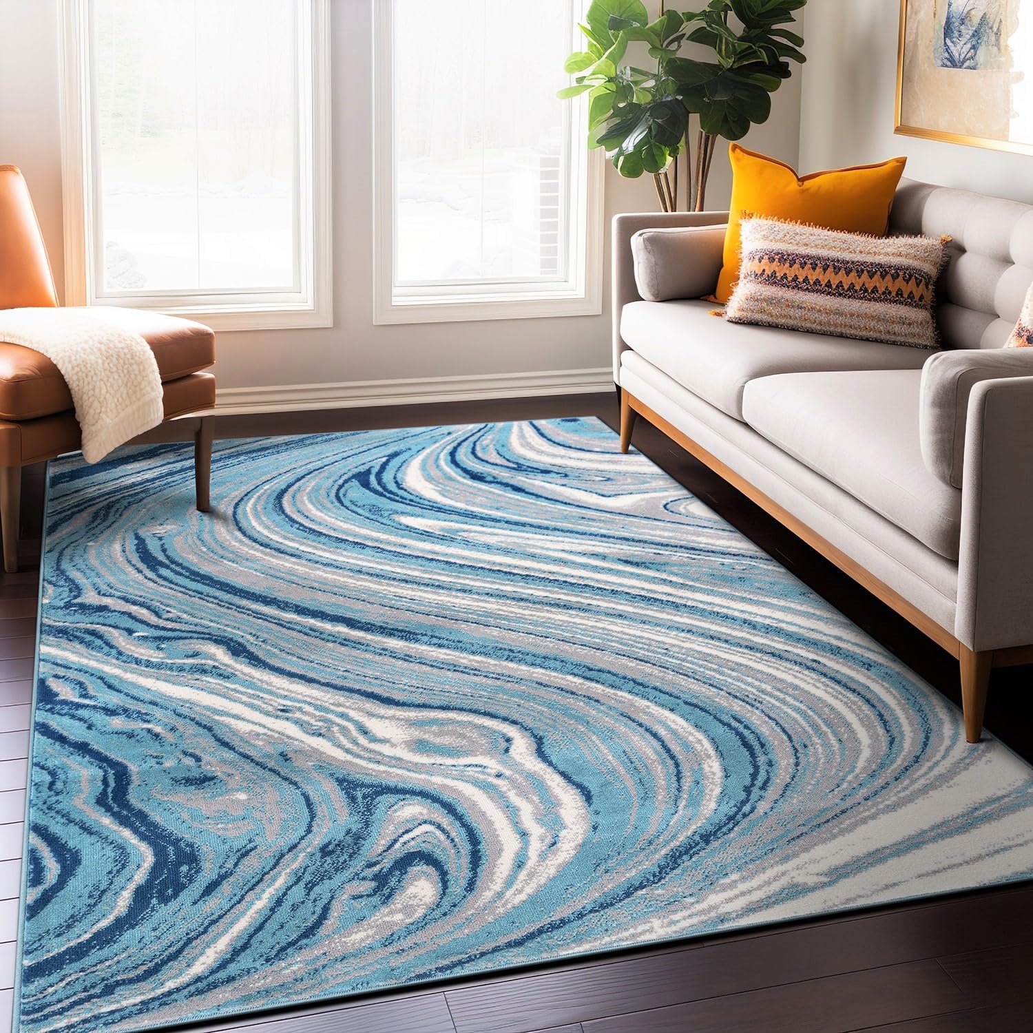 Rugshop Contemporary Abstract Swirl Stain Resistant Soft Area Rug 7' 10" x 10' Blue