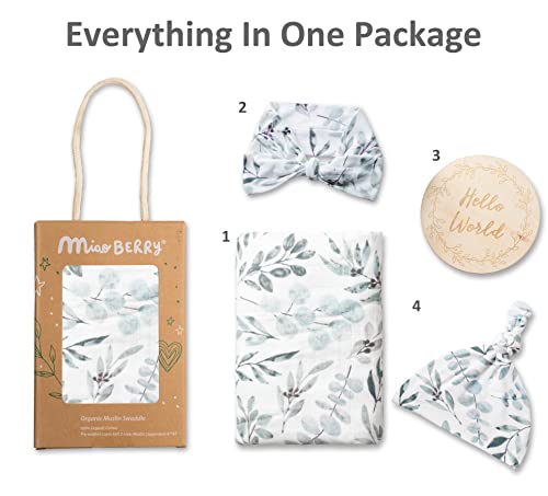 Miaoberry 100% Organic Eucalyptus Muslin Swaddle Set with Hat and Bow