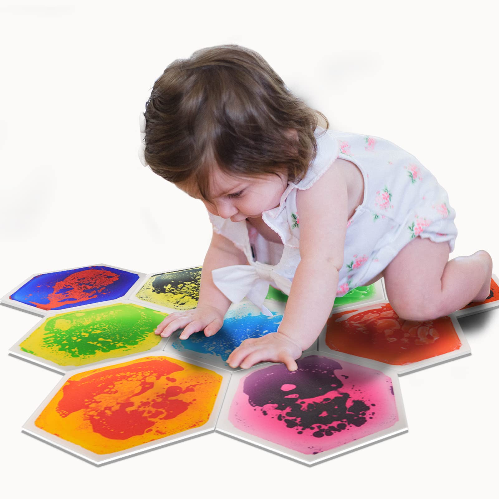 Art3d 6-Tile Hexagon Sensory Floor Tiles for Kids, Toddlers and Children, Colorful Liquid Sensory Activity Mat for Active Play and Decorative