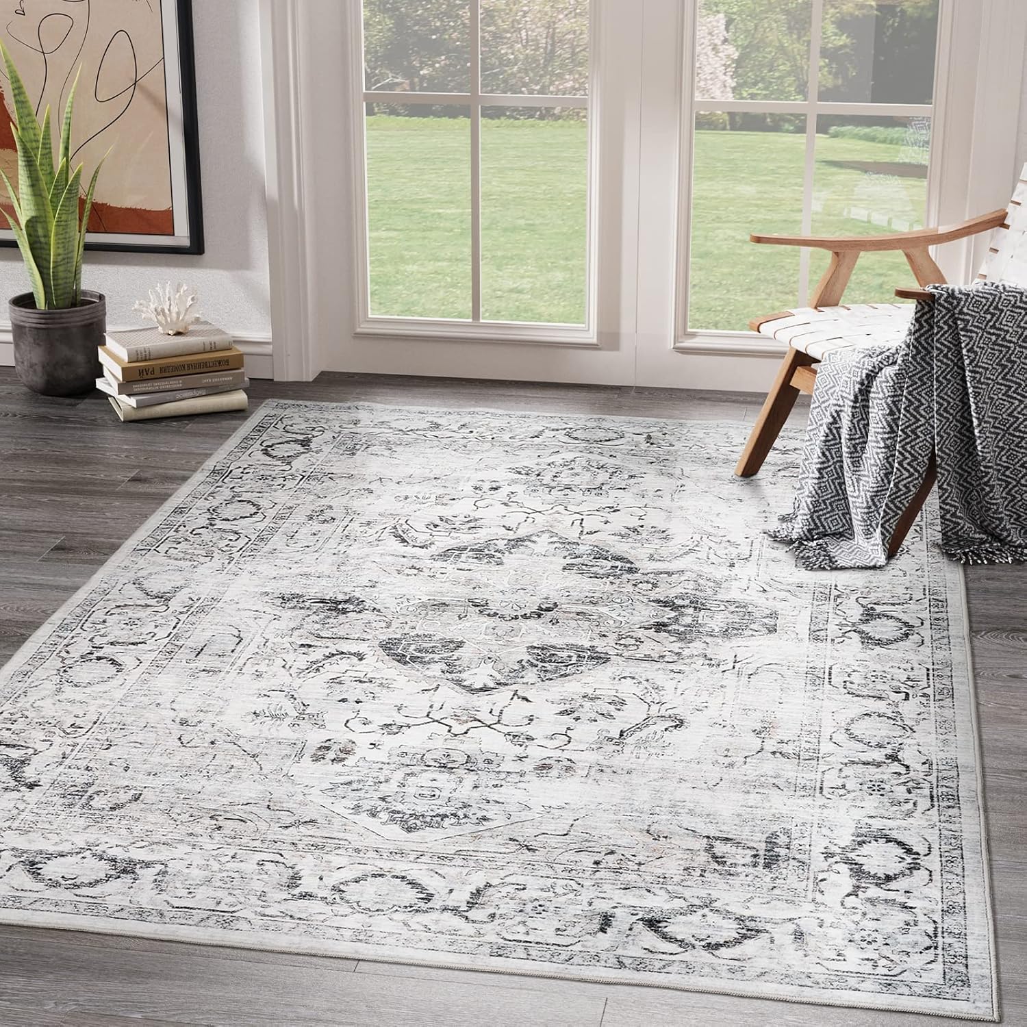 xilixili 8x10 Area Rugs for Living Room - Stain Resistant Anti-Slip Backing Washable Rug,Rugs for Bedroom,Dining Room,Vintage Printed Large Area Rug (Ivory/Gray,8'x10')
