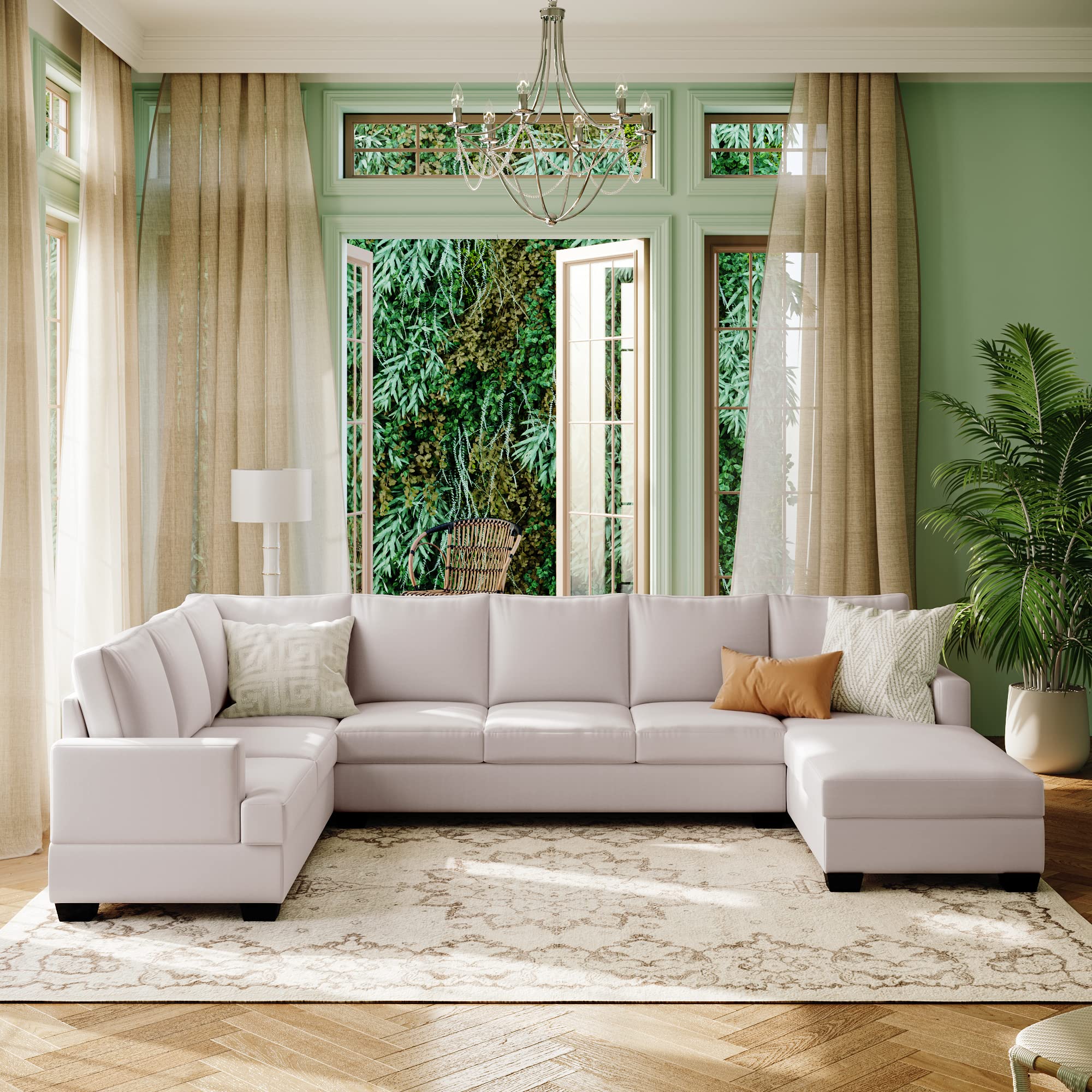 Modern Large U-Shape Sectional Sofa, Soft Linen Fabric Sectional Couch with Removable Cushion,Double Extra Wide Chaise Lounge Couch for Living Room (Beige)
