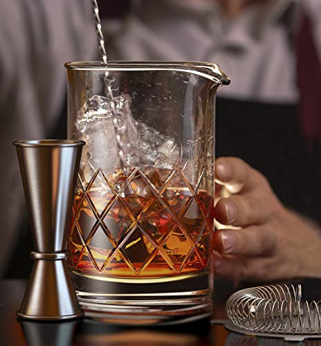 MOFADO Crystal Cocktail Mixing Glass Set - 4 Piece - 18oz 550ml - Thick and Sturdy Bottom, Durable Crystal Mixing Glass, Spoon, Jigger, Strainer - Beautiful Gift
