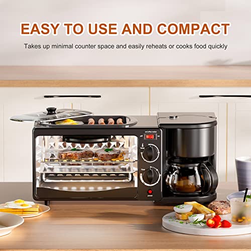 Breakfast Station, Toaster with Frying Pan, Portable Oven Breakfast Maker with Coffee Machine, Non Stick Die Cast Grill/Griddle for Bread Egg Sandwich Bacon Sausages