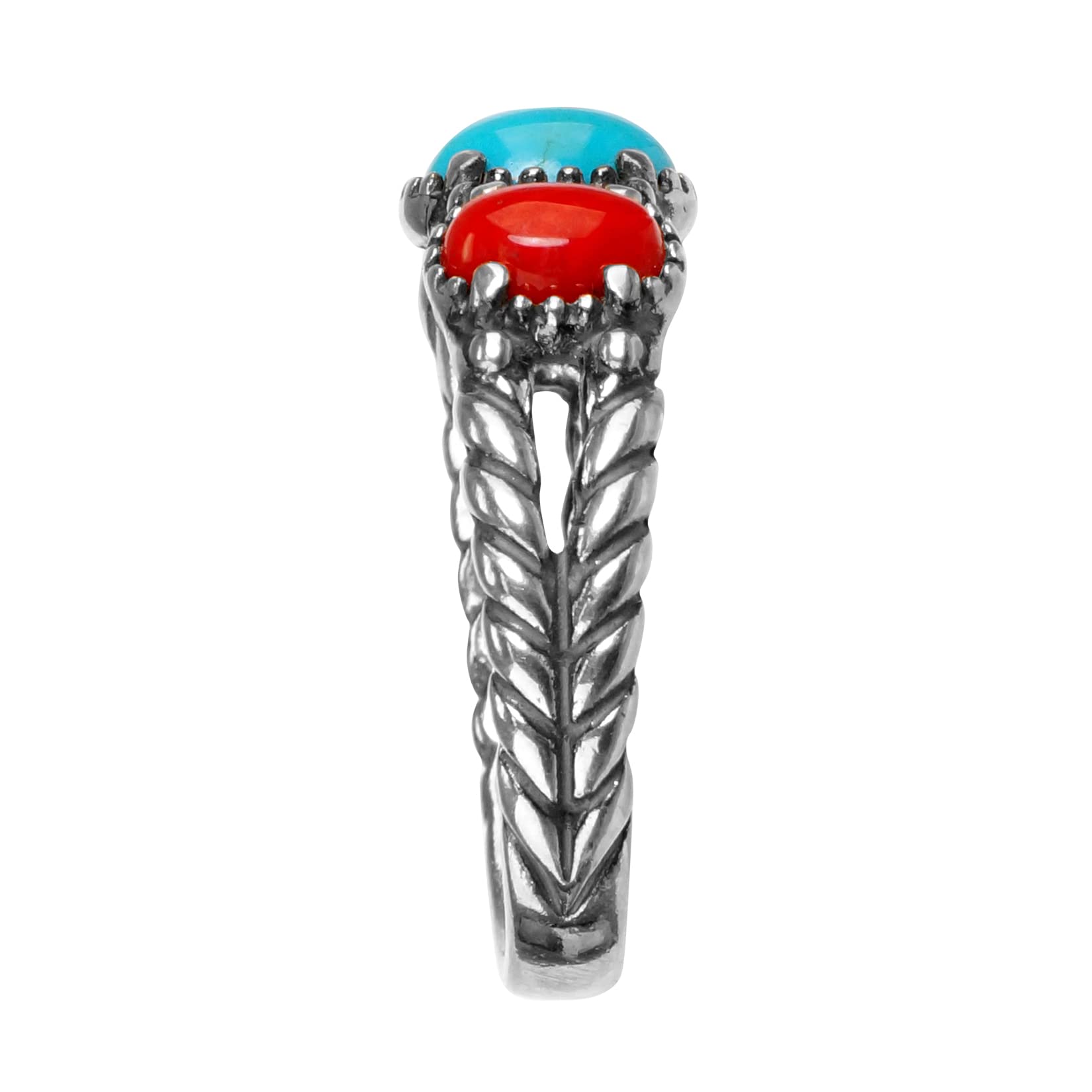 American West Jewelry Sterling Silver Women's Ring Red Coral & Blue Turquoise Gemstone 3-Stone Design Size 5