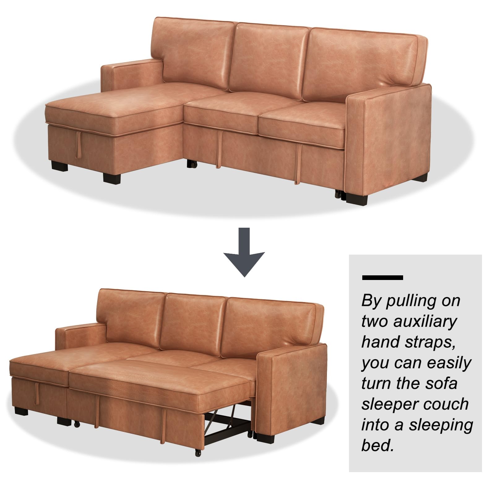 CANMOV Convertible Sleeper Sofa 3 in 1, Faux Leather Chaise Convertible Sofa Bed with Reversible Chaise L Shaped Sleeper Sofa with Storage, Couch Bed Sofa Pull Out Sofa Beds, Brown