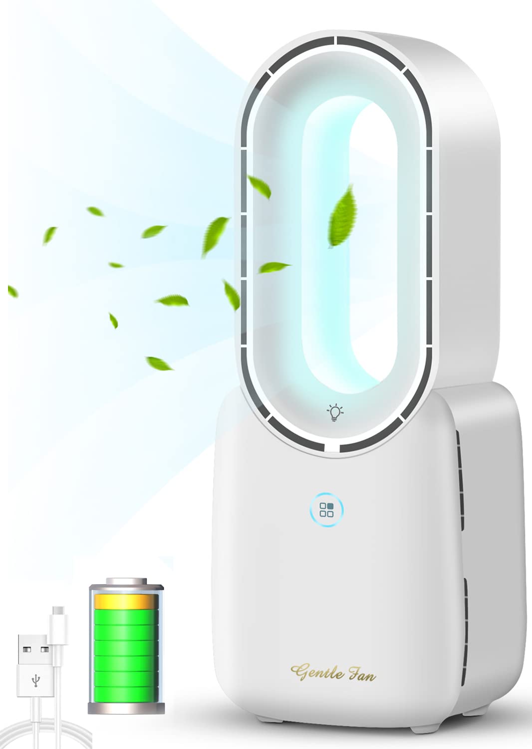 let'me Desk Fan, Small Bladeless Fan Quiet Table Fan, 11.8in Battery Operated Personal Desktop Fan with 5-Colors Lights, Touch Control, Rechargeable Breeze Fan for Bedroom, Office, Home