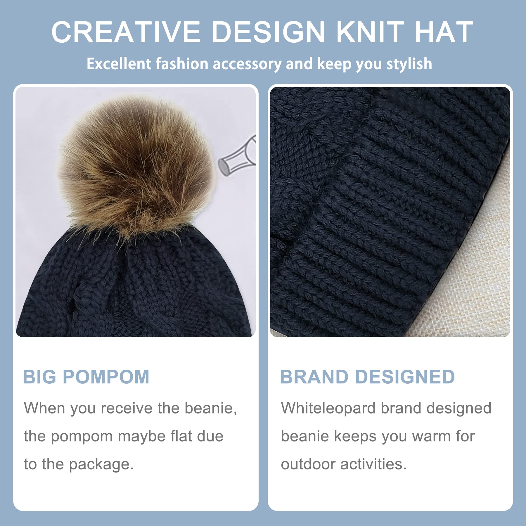 Whiteleopard Kid Beanie Hats Lining Pom Pom for Children -Slouchy Cable Knit Toddler Skull Hat Baby Ski Cap for Girls Boys (Black)