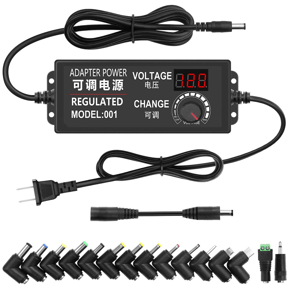 Arkare Universal Power Supply 3~12V 5A 60W AC 100-240V to DC 3V 4.5V 5V 6V 9V 9.5V 12V 1A 2A 3A 4A 5A Adjustable AC/DC Adapter with 15 Tips & Polarity Converter for USB Hubs CCTV camera speaker