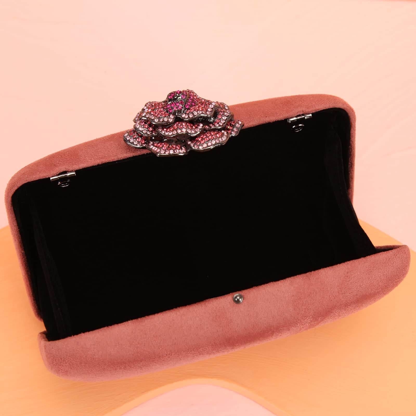 Fawziya Evening Clutch Bling Rhinestone Rose Velvet Novelty Medium Purses For Women Formall-Pink