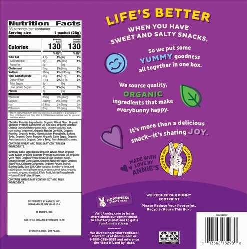 Annie's Organic Birthday Cake Bunny Grahams and Cheddar Bunnies Snack Pack 36 Count, 36 oz