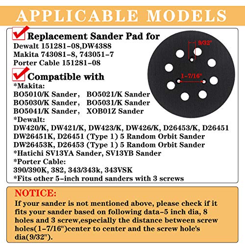 AxPower 4 Packs 5 inch 8 Hole Replacement Sander Pads 5" Hook and Loop Sanding Backing Plates for Makita 743081-8 743051-7, DeWalt 151281-08 DW4388, Porter Cable, Hitachi 324-209