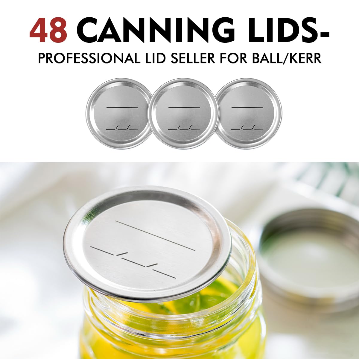 Canning Lids Regular Mouth For Ball/Kerr Jars, Split-Type Metal Mason Jar Lids with Silicone Seals, Silver, 48 Count