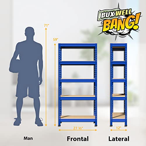 BuxWellBang 5-Shelf Heavy Duty Shelving - Adjustable Garage Storage Shelves, Metal Utility Storage Racks for Warehouse Pantry Basement Kitchen, Utility Shelves,Blue