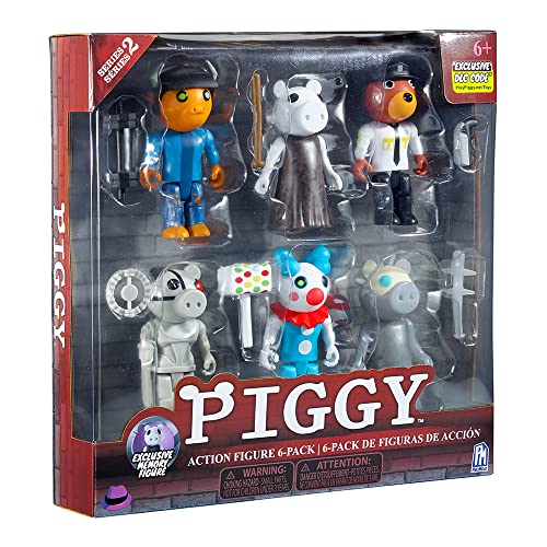 PIGGY Action Figure 6 Pack - Six 3.5" Articulated Buildable Toys, Officer Doggy, Billy, Memory, Robby, Clowny, & Frostiggy, 9 Accessories, Series 2, includes DLC