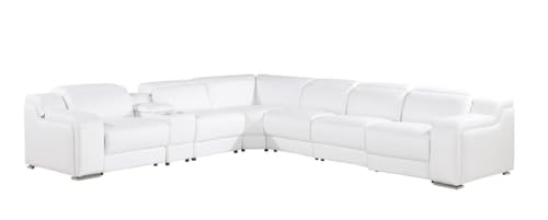 BlackJack Furniture Ibero 7-Piece Italian Leather Sectional Reclining Sofa Set with 4 Power Recliners, Adjustable Headrests, USB and Wireless Phone Charger, and Console Storage, White