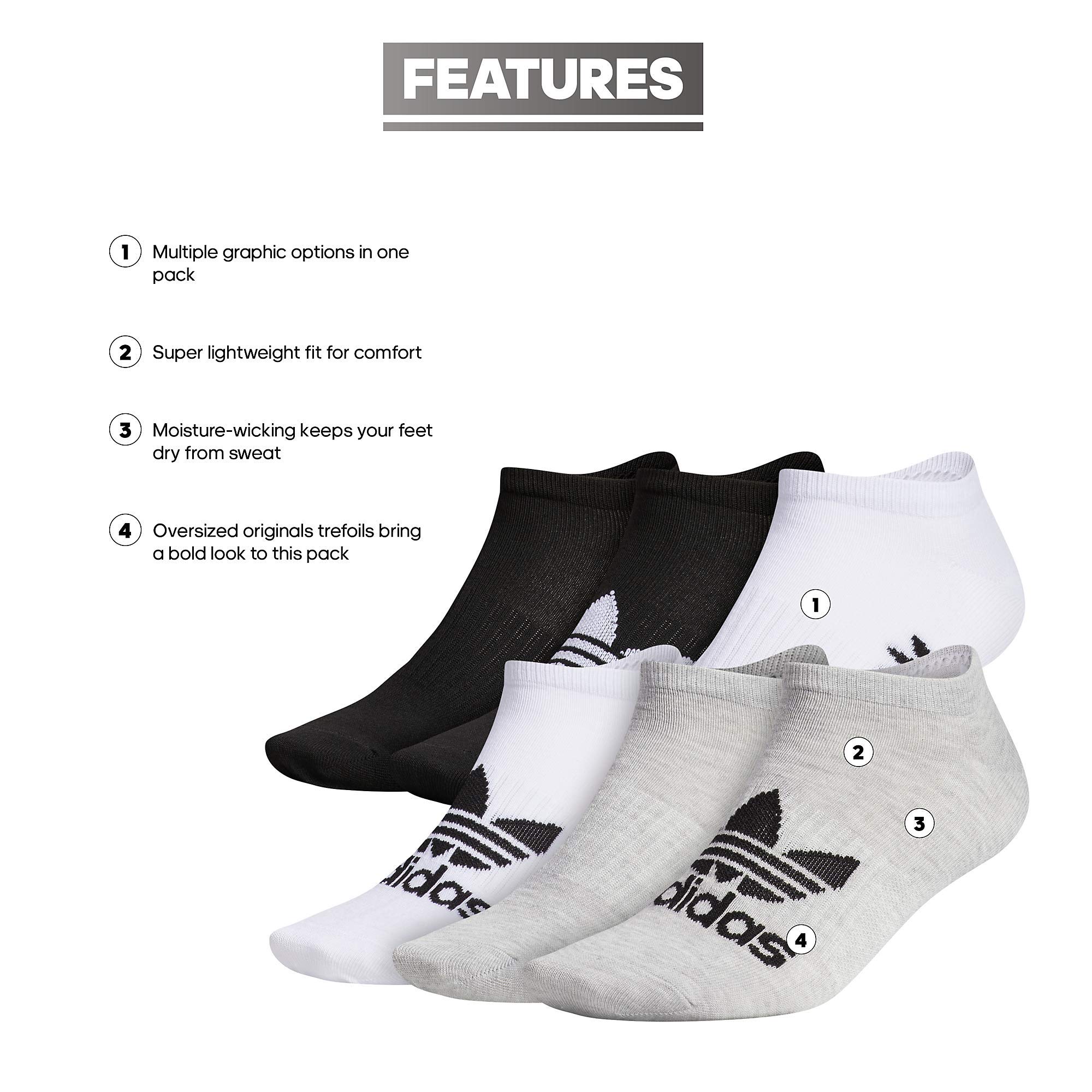 adidas Originals Men's Classic Trefoil Superlite No Show Socks (6-Pair), Heather Grey/White/Black, Large