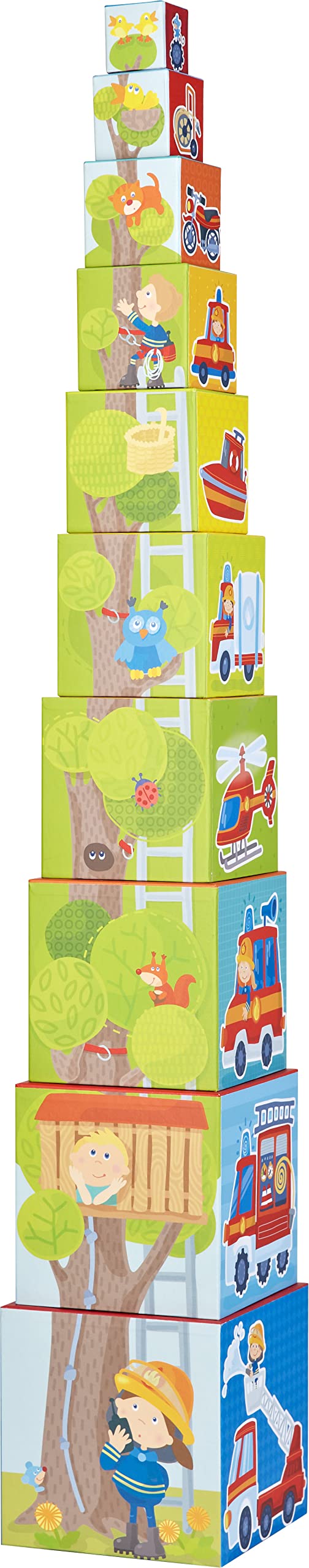 HABA Fire Brigade Sturdy Cardboard Nesting & Stacking Cubes - Reinforcing Numbers 1-10 with Rescue Themes on Each Side
