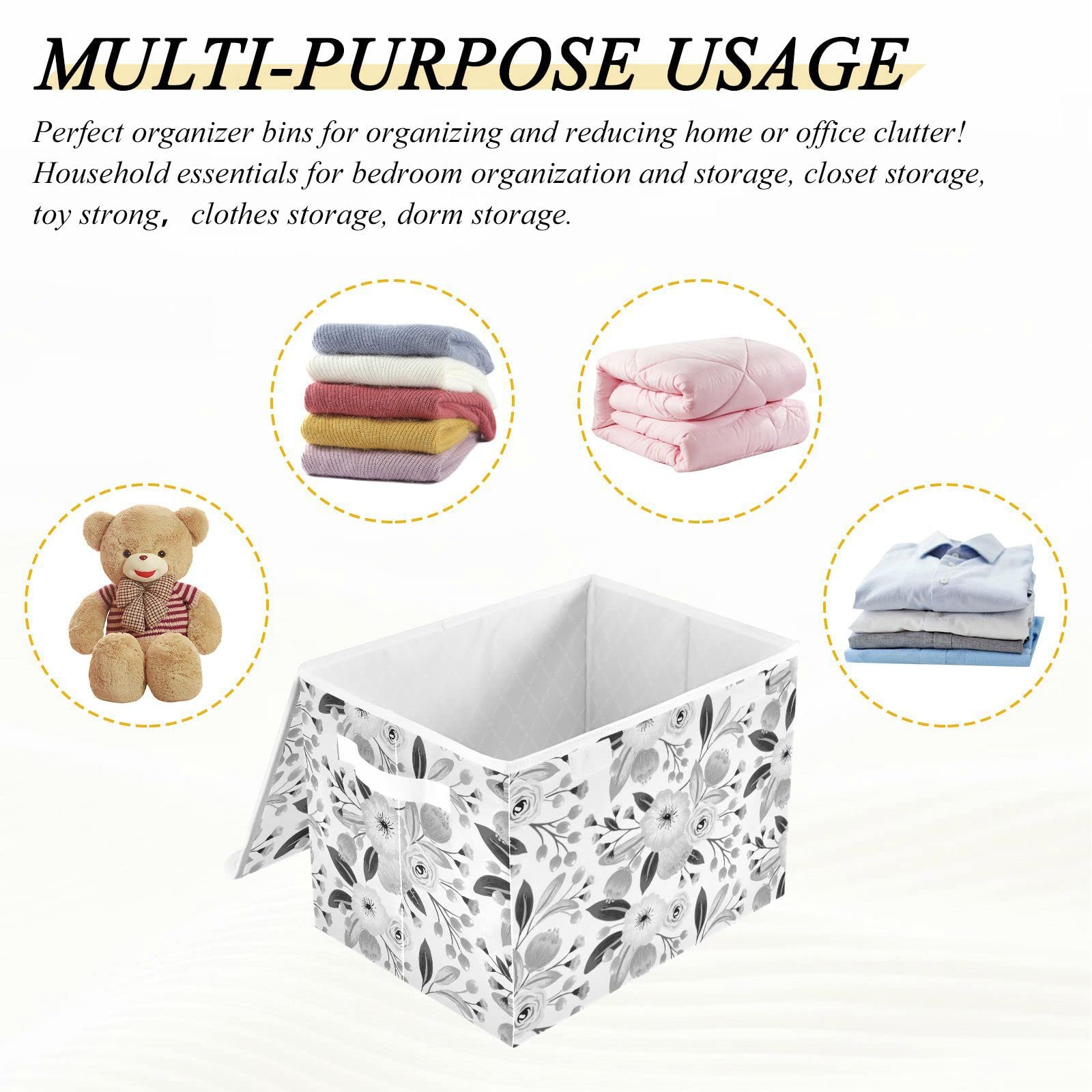 Black Grey Floral Flowers on White Storage Basket Bin with Lid, Foldable Bucket Box Closet Organizer Laundry Hamper for Home Office 16.5x12.6x11.8 in