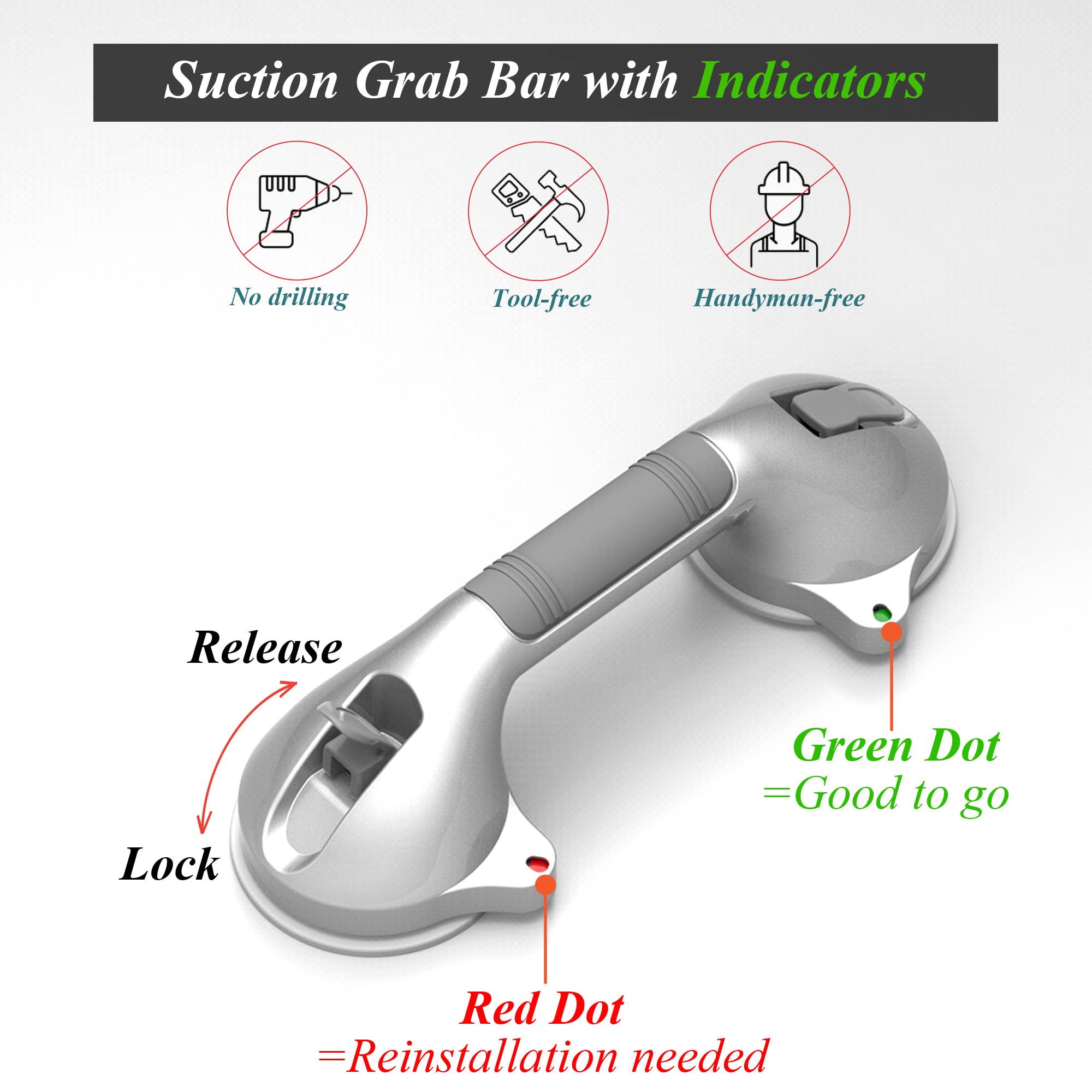 AmeriLuck 16.5inches Balance Assist Bathroom Shower Handle,Suction Bath Grab Bar with Indicators (Silver/Grey)