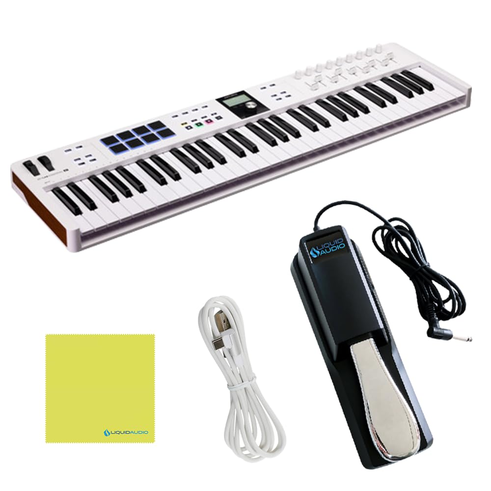 Arturia KeyLab 61 Essential mk3 MIDI Controller BUNDLE with MIDI Keyboard, Keyboard Sustain Pedal, USB Cable & Polishing Cloth - 61 Key Keyboard, Software Integration, Flexible Connectivity