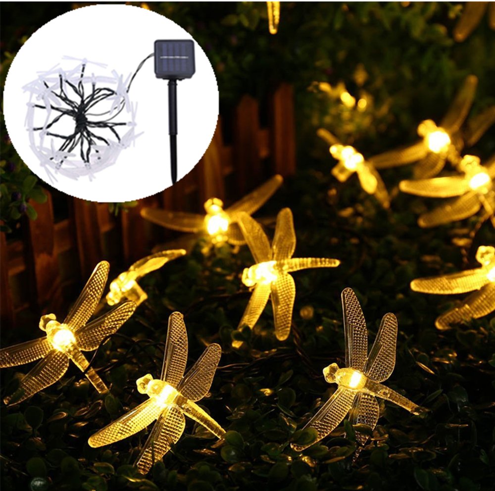 elecfan Solar String Lights Waterproof,20 LED Dragonfly Solar Fairy Lights Outdoor LED Warm White with Solar Panel 2 Lighting Modes for Indoor Home, Garden, Fence, Christmas Tree, Wedding, Holiday