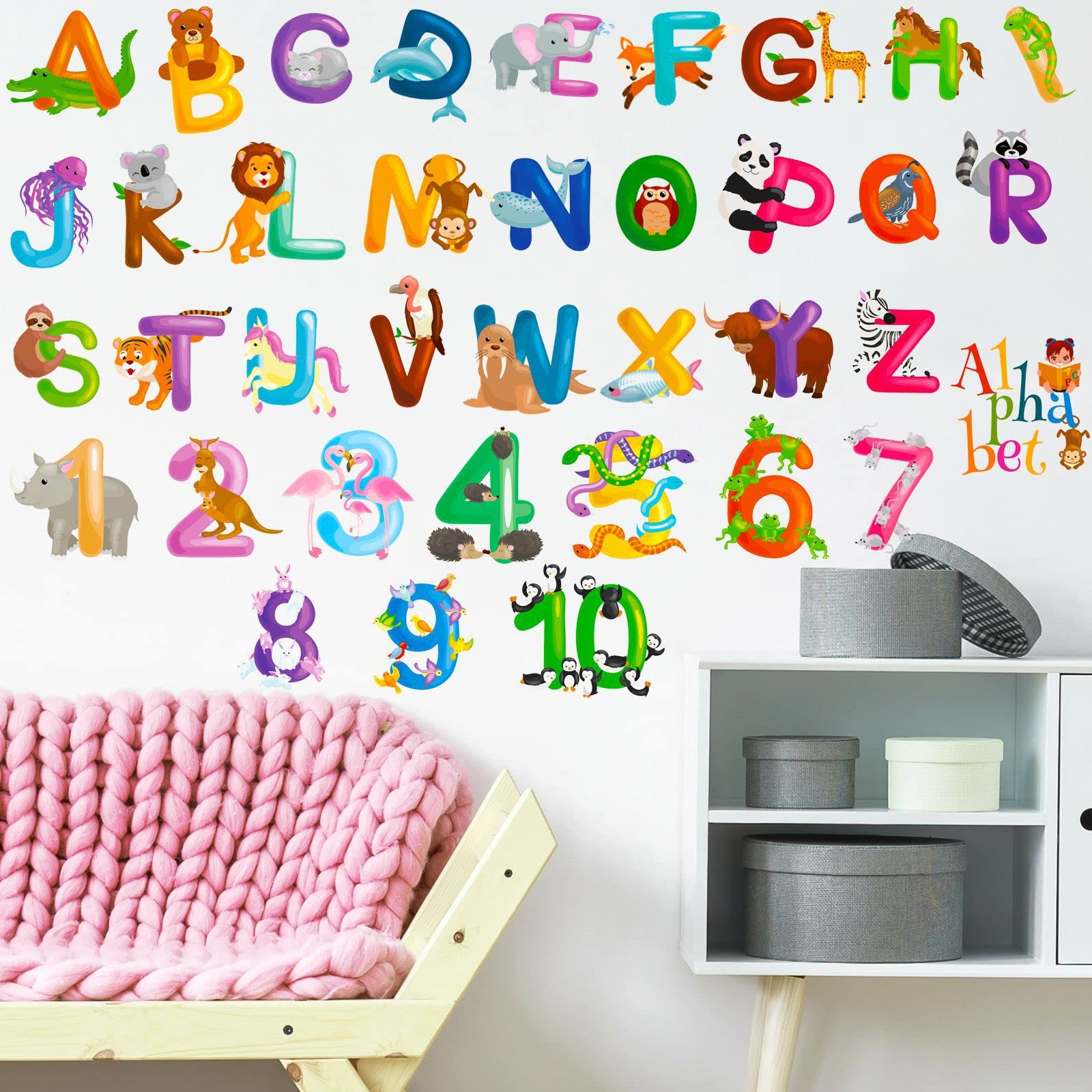 Arquiel Animal Alphabet Wall Decals Colorful Numbers ABC Learning Wall Stickers for Kids Toddlers Nursery Living Room Classroom