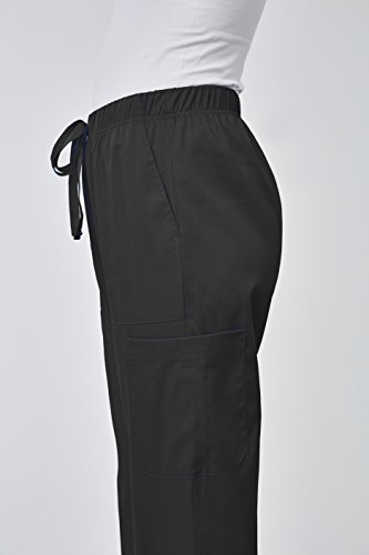 Scrubs for Women Set 6 Pocket 4-Way Stretch V-Neck and Semi-Tapered Pant Elements EL9925 (Black, Medium)