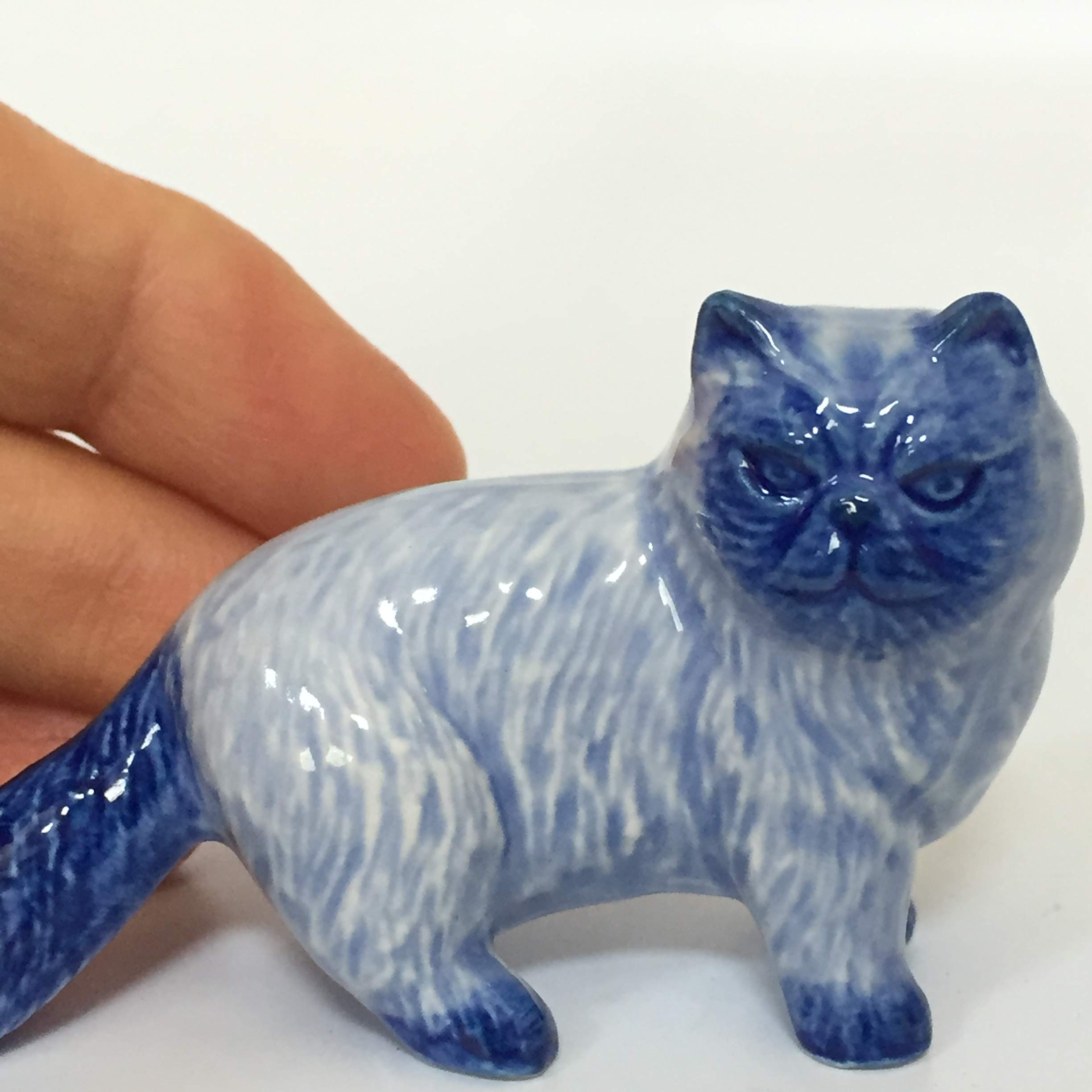 Ceramic Persian cat Figurine Dollhouse Delft Blue White Collectible Miniature Bonsai Garden Handmade Painted Gift no 3